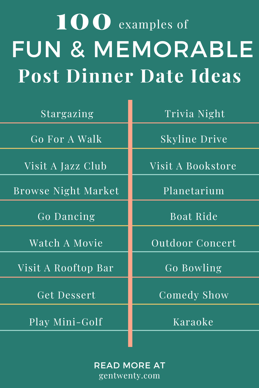 100 Easy, Memorable, and FUN After Dinner Date Ideas - GenTwenty